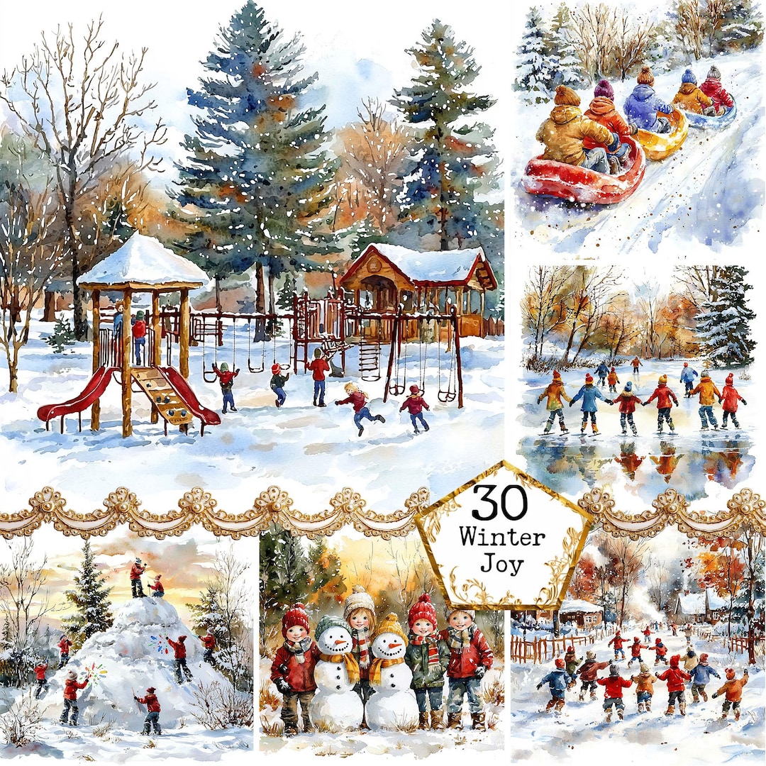 JPEG Watercolor Children Playing in the Snow Clipart Winter Scene ...