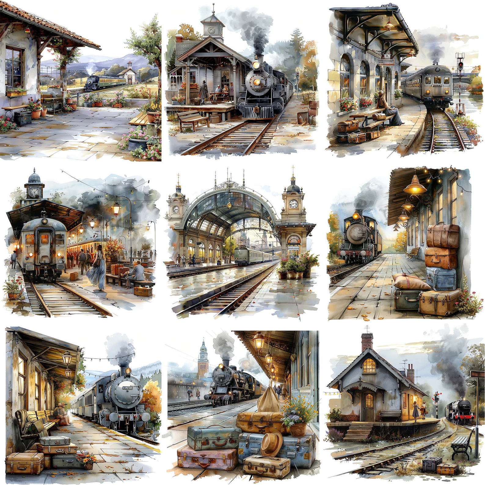JPEG Watercolor Vintage Train Station Clipart Bundle JPEG Commercial ...