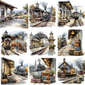 JPEG Watercolor Vintage Train Station Clipart Bundle JPEG Commercial ...