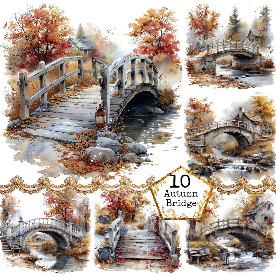 Watercolor Autumn Bridge Clipart Bundle JPEG Landscape Scenery Autumn ...