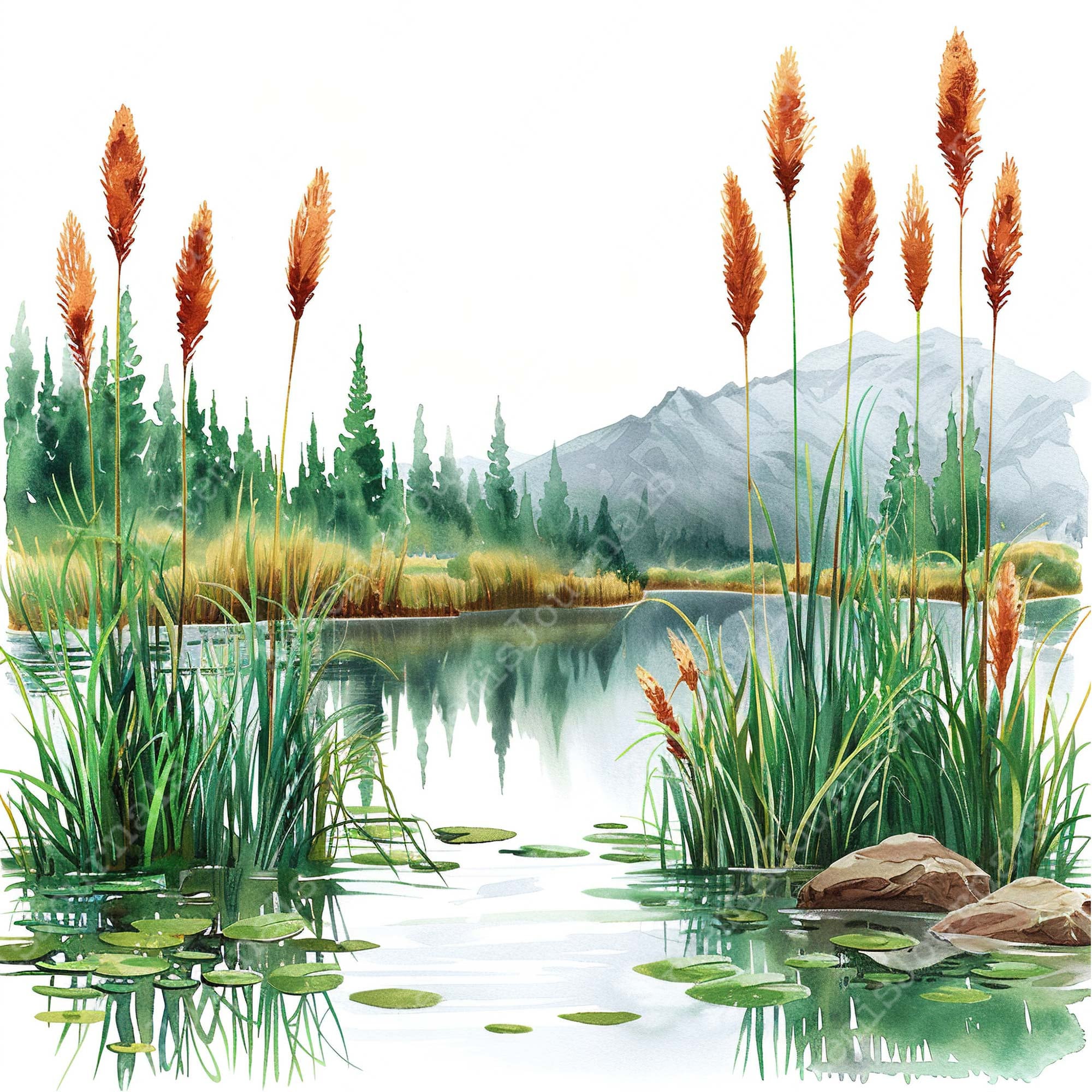 Watercolor Bulrush Pond Clipart JPEG Landscape Clipart Lake Clipart ...