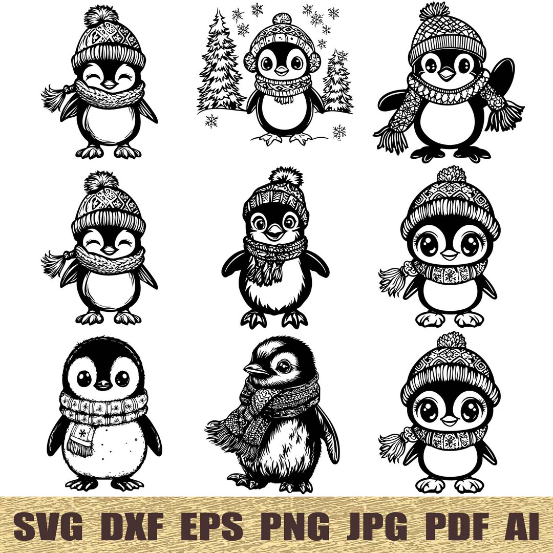 35 Penguin With Scarf Svg, Dxf, Eps, Ai, Pdf, Jpg, Png, Holiday Penguin ...