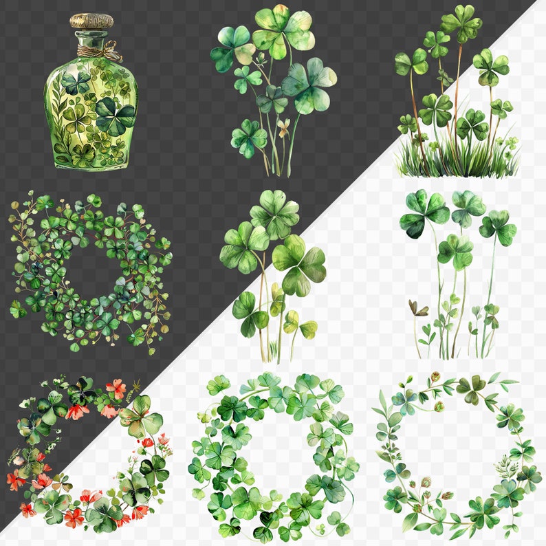 Watercolor Clover Clipart Floral Shamrock Wreaths PNG St. Patrick Theme ...