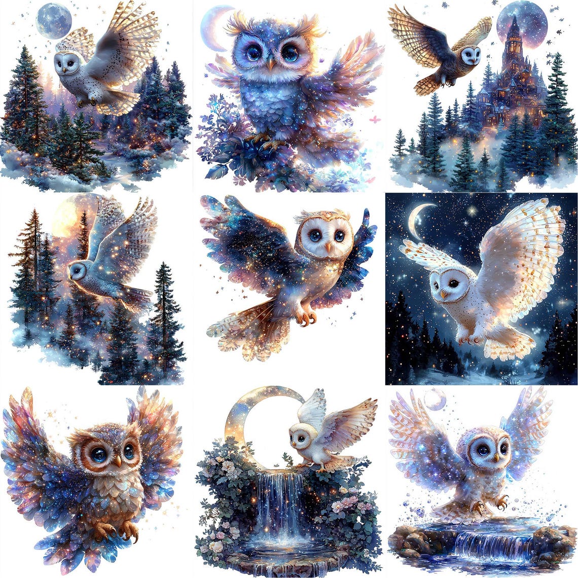 JPEG Celestial Owl Clipart Bundle Sparkling Glitter Owl Mystical Owl ...