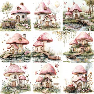 JPEG Watercolor Toadstool Clipart Bundle Pastel Pink Mushroom House ...