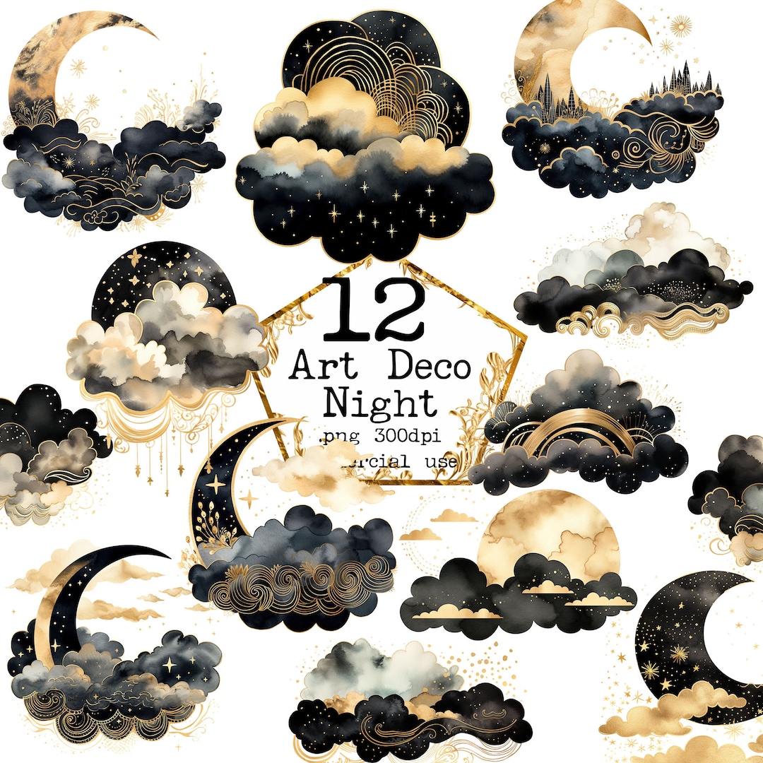 PNG Watercolor Art Deco Night Clipart Bundle Clouds and Moons Clipart ...
