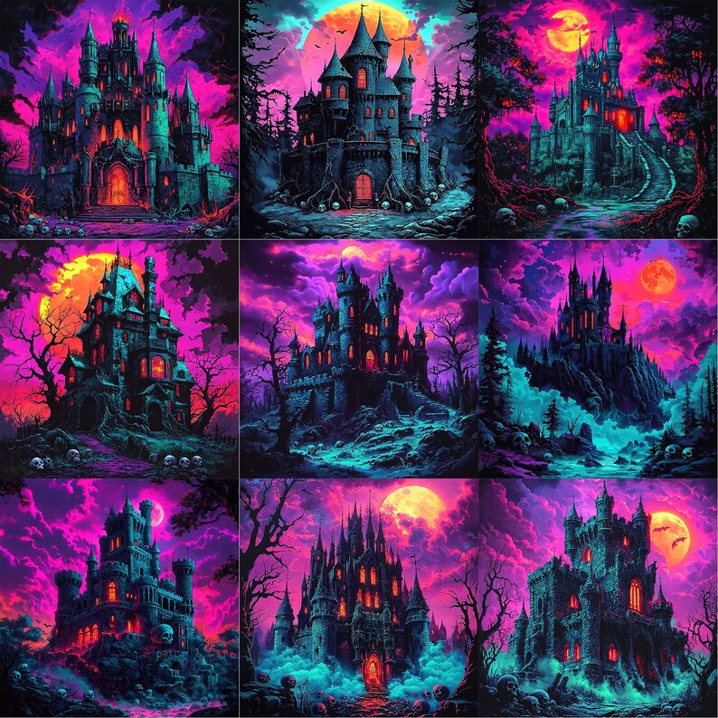 JPEG Electric Vibrant Haunted Castle Illustration Halloween Art ...
