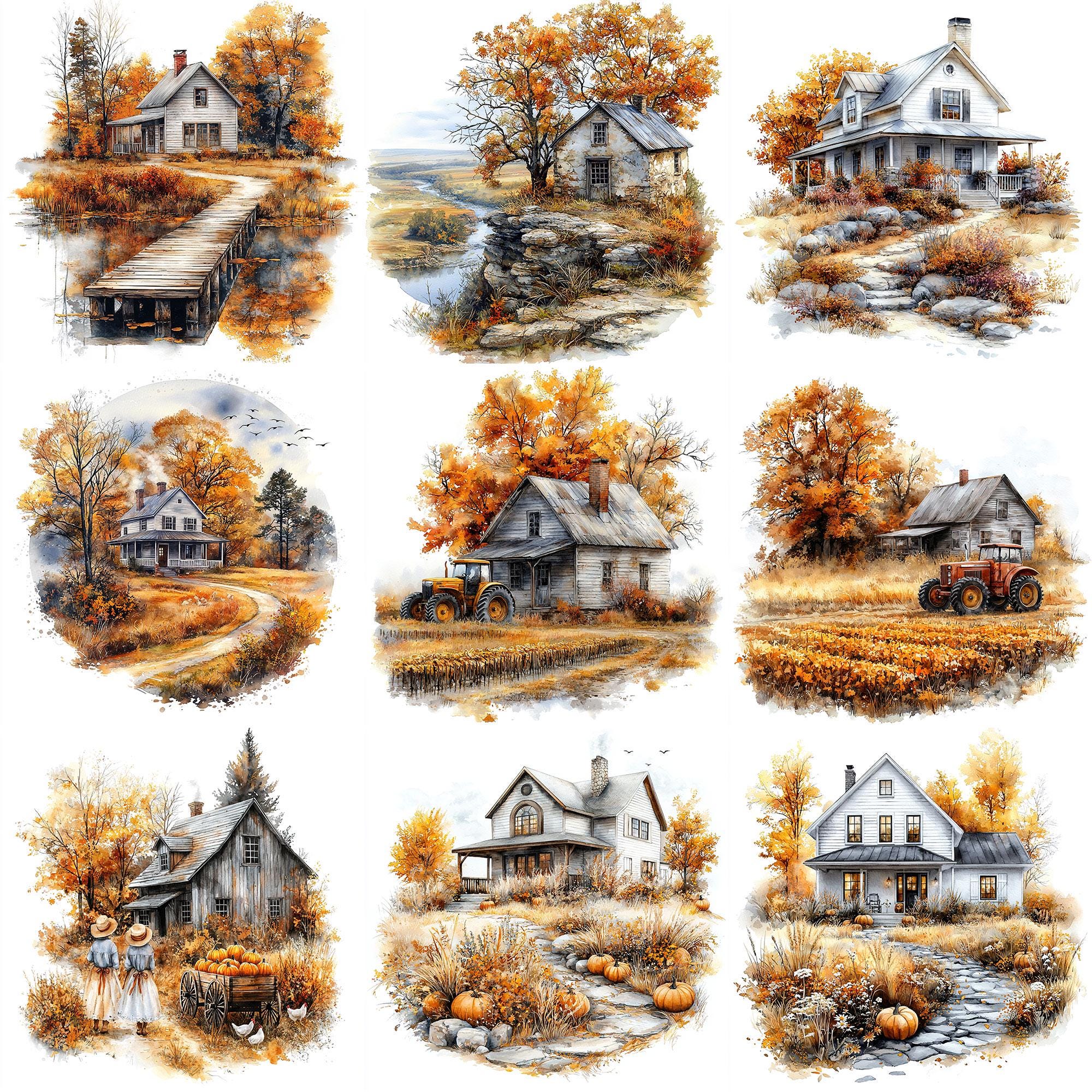 JPEG Autumn Farmhouse Clipart Bundle Instant Watercolor Clipart Fall ...