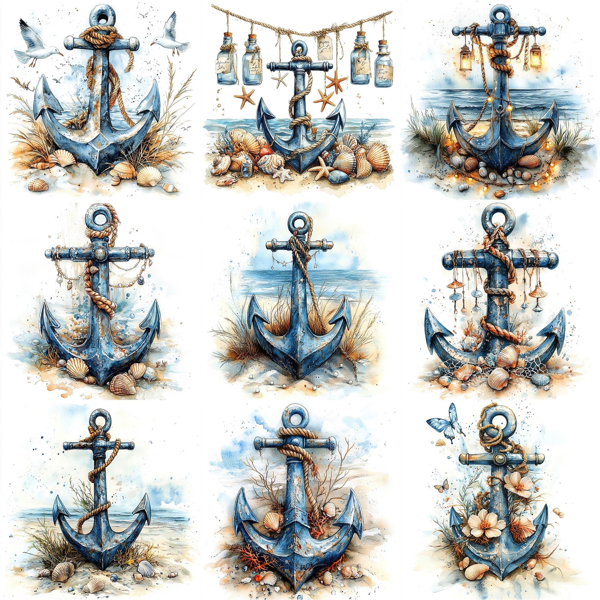 JPEG Watercolor Anchor Clipart Bundle Nautical Clipart Summer Beach ...