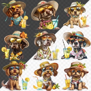 Watercolor Summer Dogs Clipart Bundle Dog With Cocktail PNG Beach ...