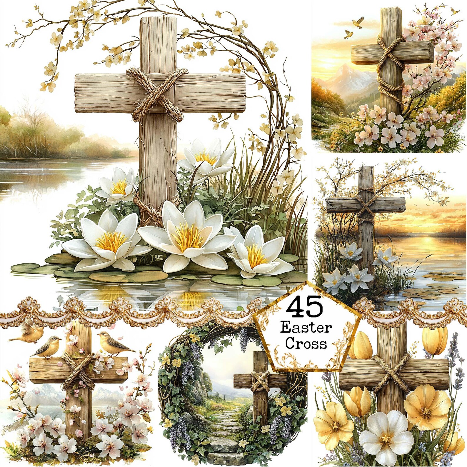 JPEG Watercolor Easter Cross Clipart Bundle Christian Clipart Religion ...