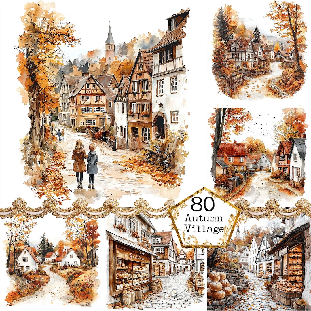 JPEG Watercolor Autumn Old Village Clipart Bundle Instant Download Old ...
