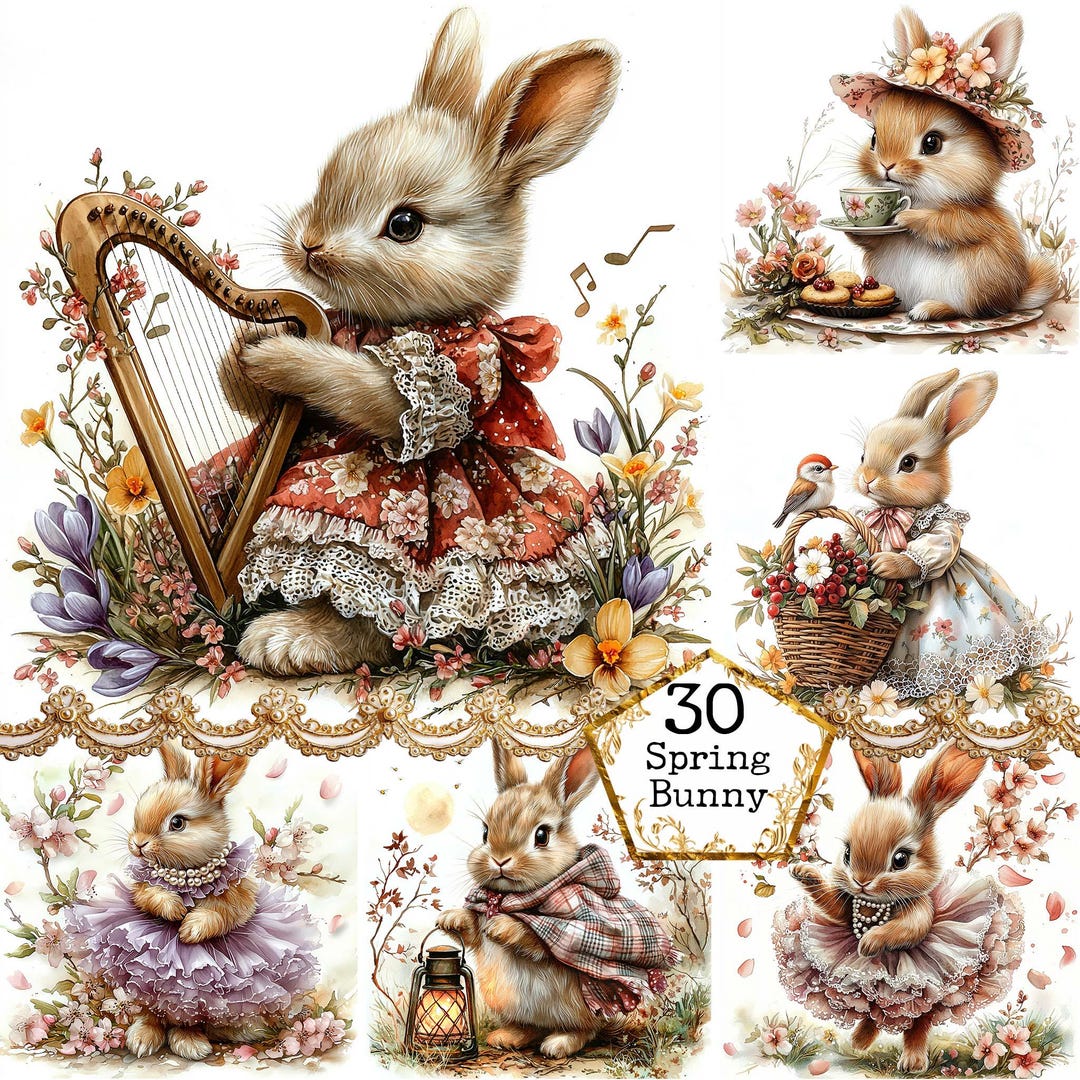JPEG Watercolor Spring Rabbit Clipart Bundle Cute Bunny Clipart Spring ...