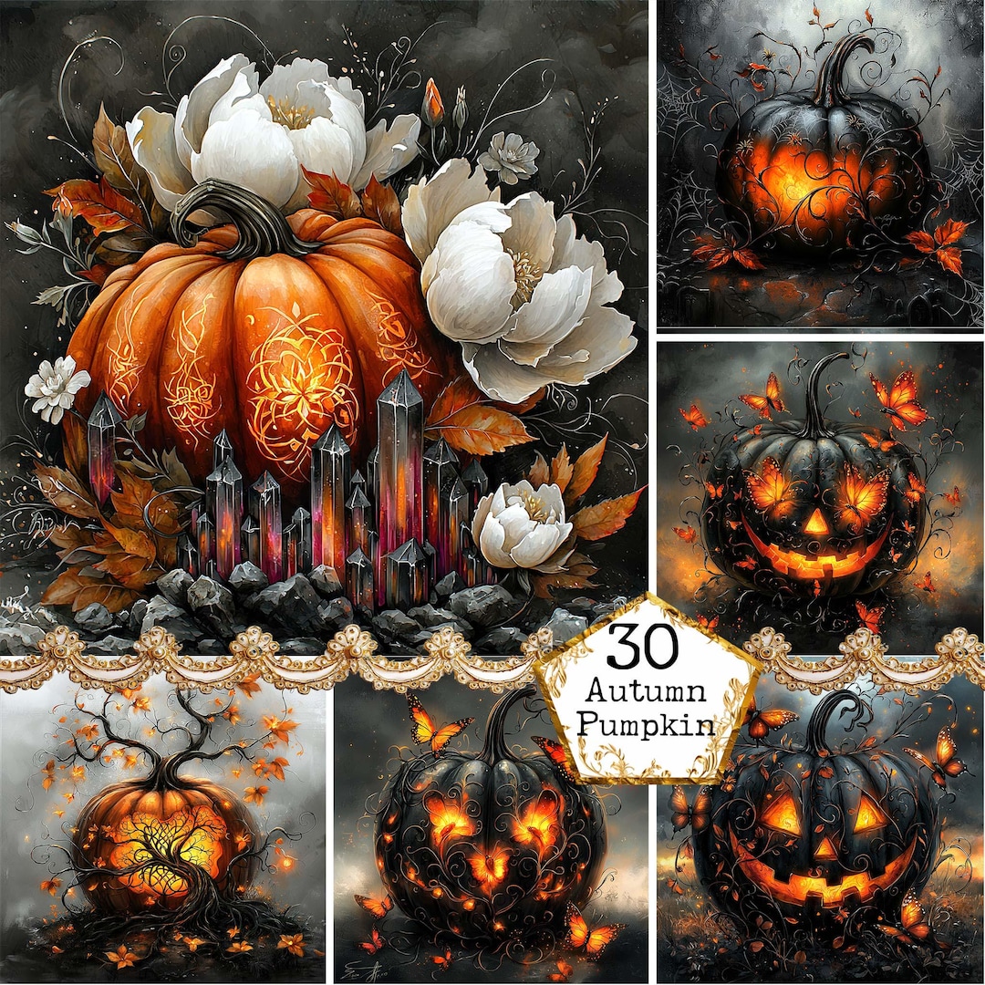 JPEG Scary Gothic Pumpkins Clipart Bundle Floral Pumpkin Spooky Clipart ...