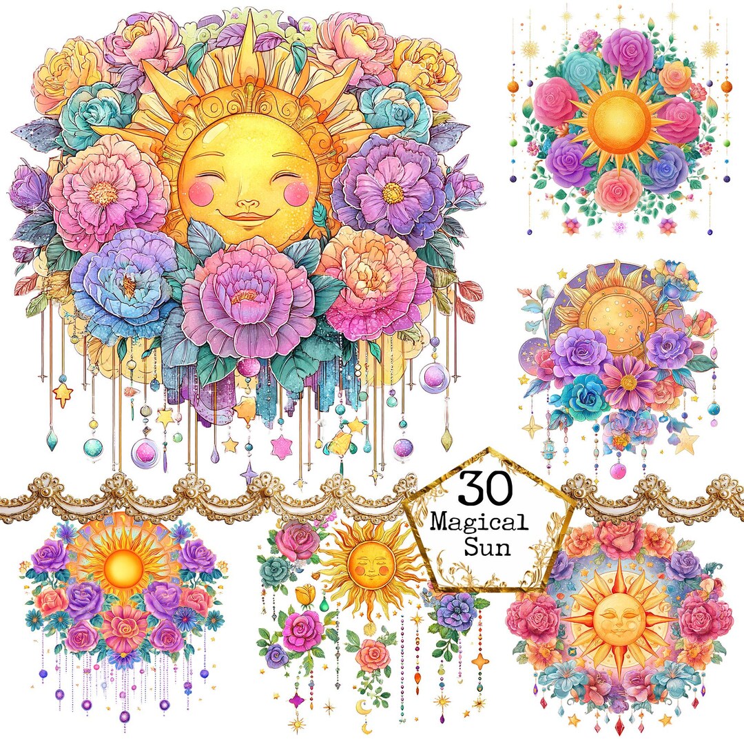 PNG + JPEG Watercolor Floral Sun Clipart Bundle Rainbow Color Celestial ...