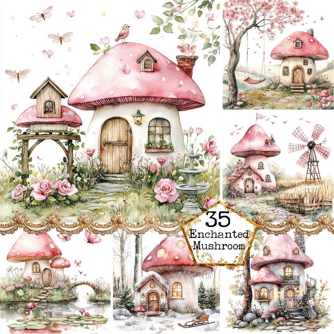 JPEG Watercolor Toadstool Clipart Bundle Pastel Pink Mushroom House ...
