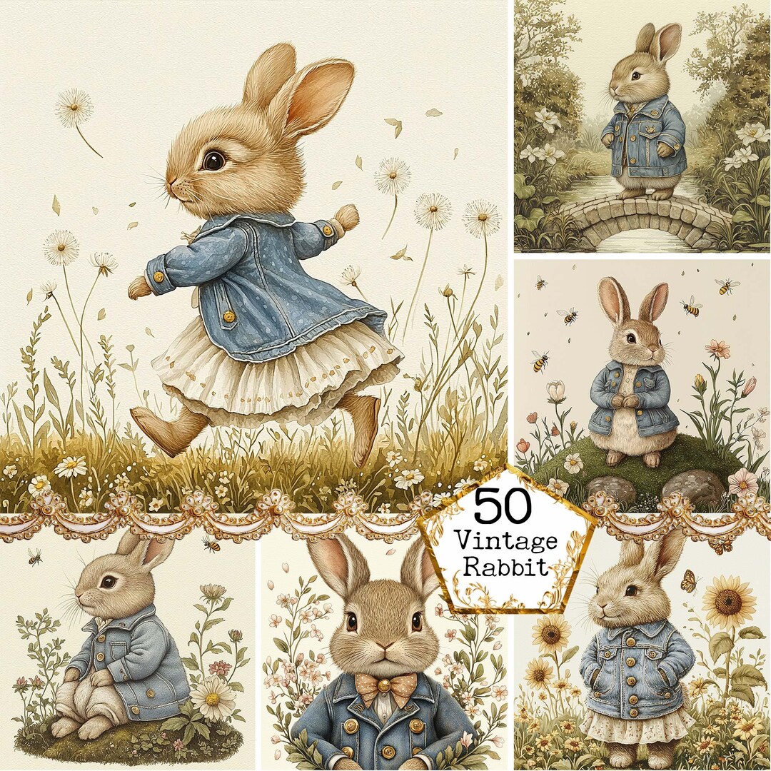 JPEG Vintage Spring Rabbit Clipart Bundle Cute Bunny Clipart Spring ...