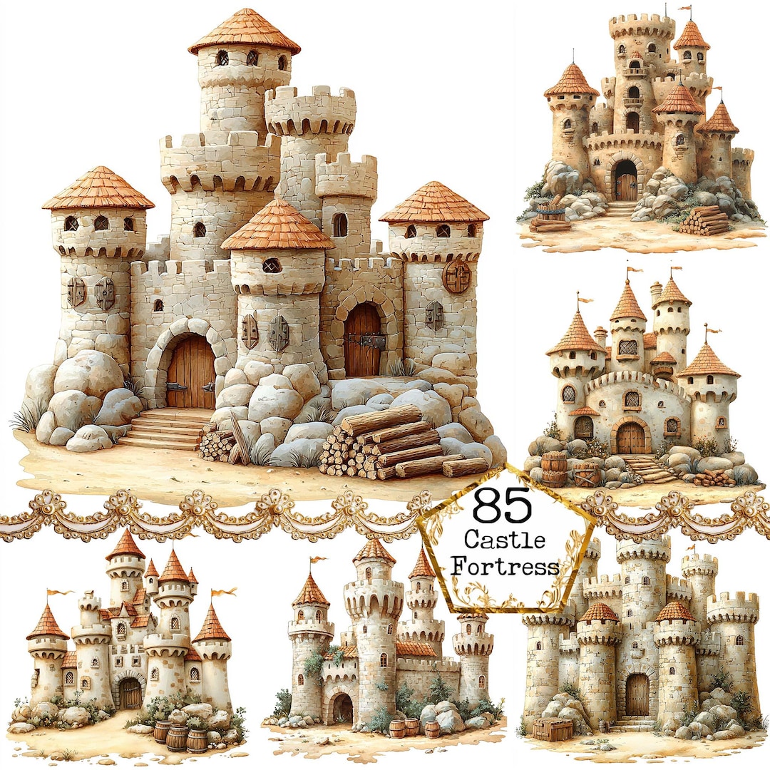 JPEG Watercolor Medieval Castle Clipart Bundle Fantasy Castle ...