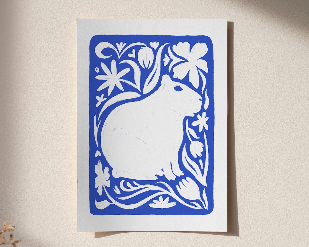 Capybara Poster Blue Capybara Wall Art Print Gift Cute Animal ...