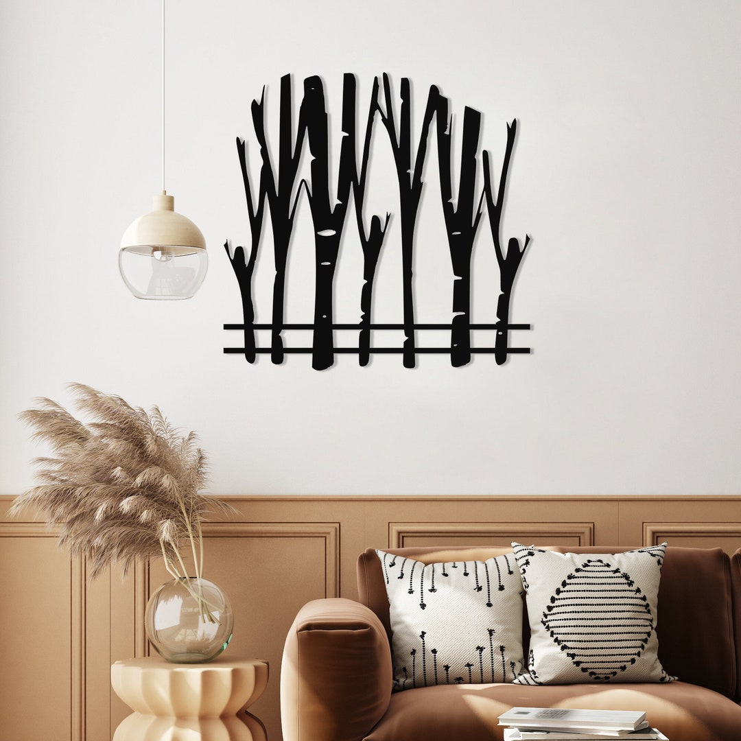 Metal Tree Trunk Art, Trees Metal Wall Art With Garden Fence, Large ...