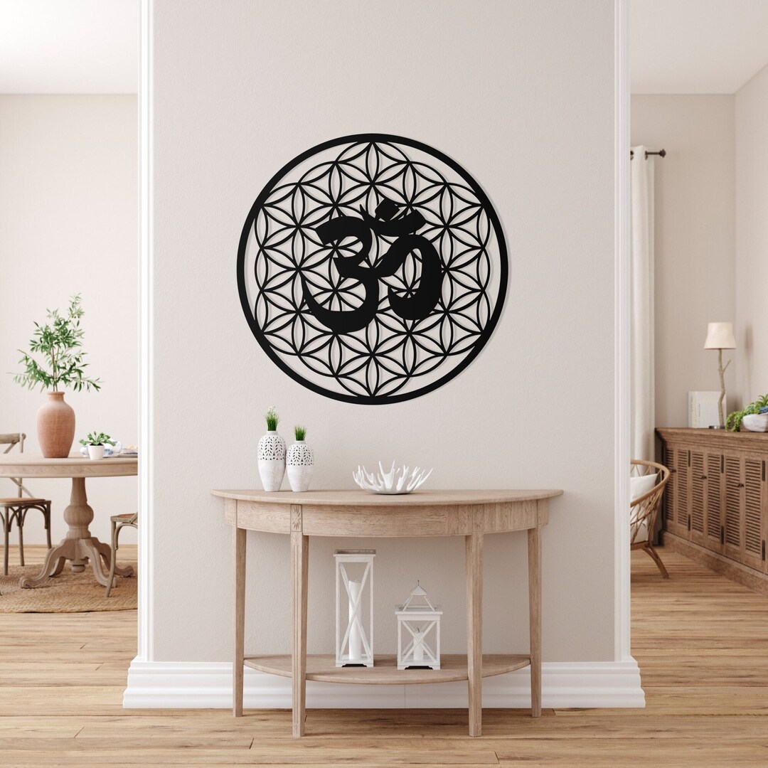 Om Symbol With Flower of Life Metal Wall Decor, Metal Yoga Sign, Wall ...