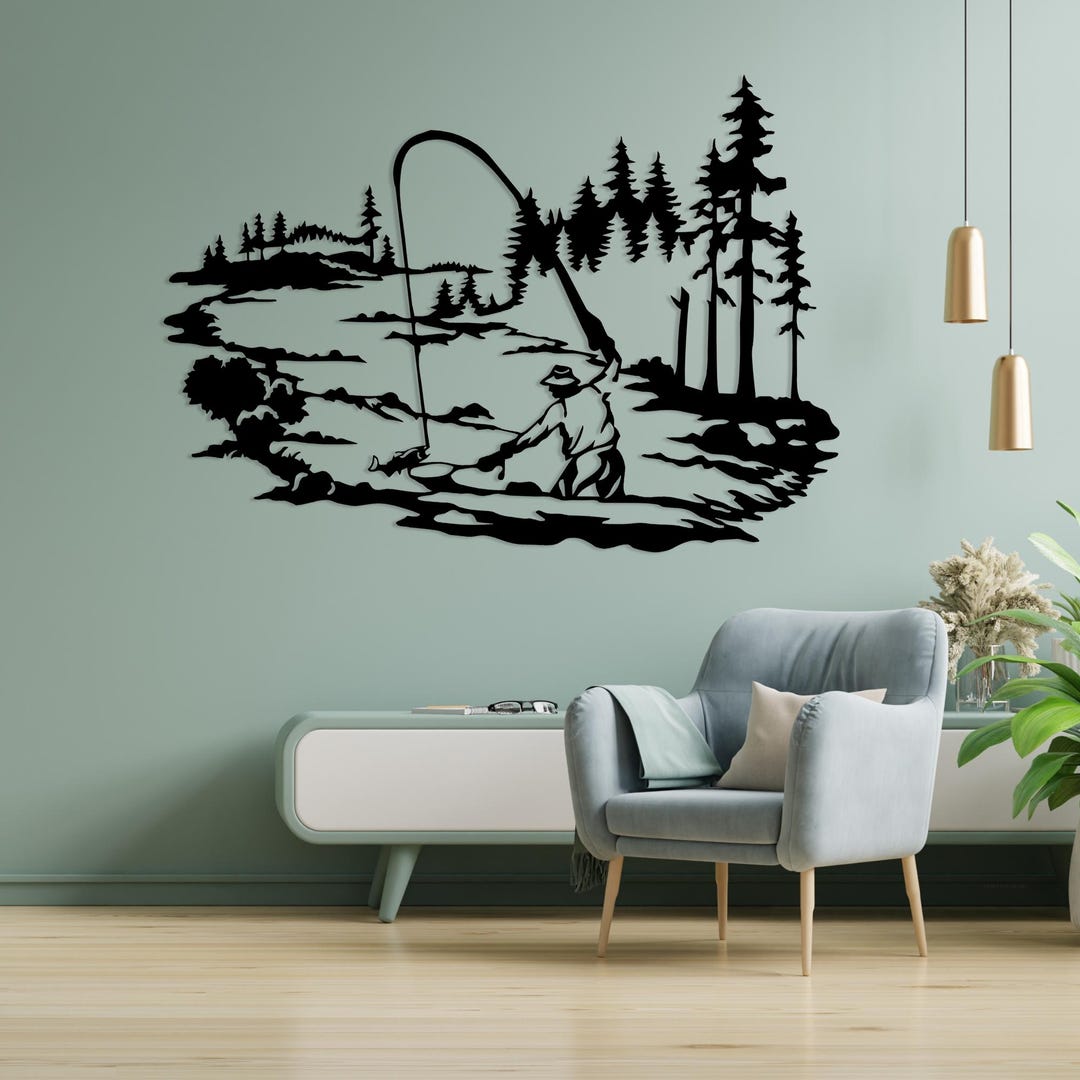 Lake Scene Fisherman Metal Wall Art, Tree and Branches Wall Decor, Lake ...
