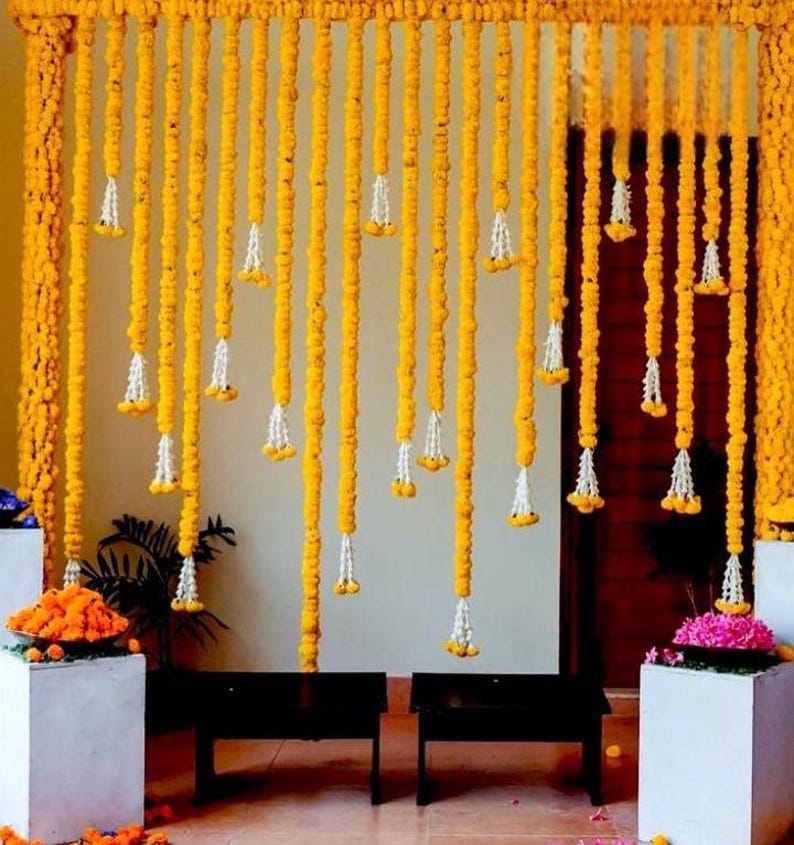 Haldi Set Marigold Garlands With Lilly for Pole Decoration Haldi Decor ...