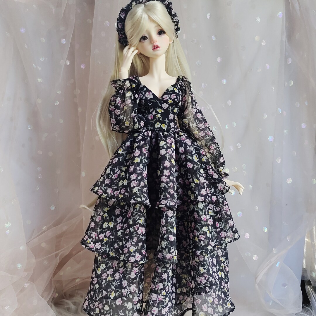 MSD BJD 1/4 Black Floral Long Dress , Clothes for 1/4 BJD, Black Dress ...