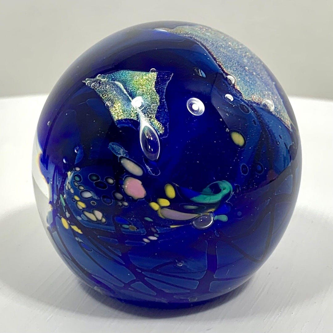 JIM KARG Blue Multicolor Glass Studio Paperweight Metallic Swirls 3” T ...