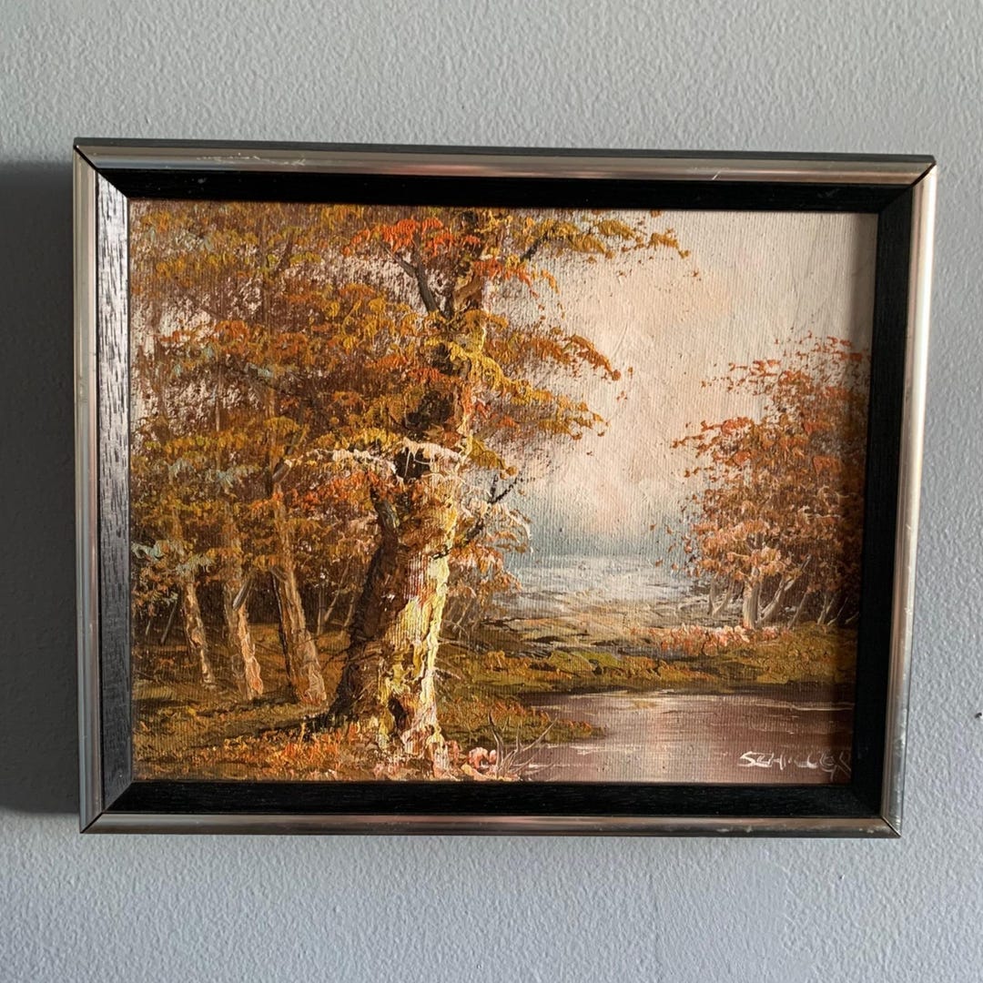 VTG Richard Schiller Autumn Forest Landscape Oil Painting Trees Stream ...