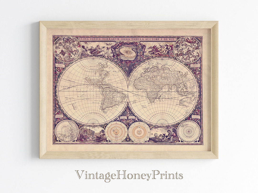 Vintage Map World Poster. DIGITAL DOWNLOAD. Ancient Printable Wall Art ...