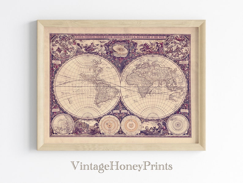 Vintage Map World Poster. DIGITAL DOWNLOAD. Ancient Printable Wall Art ...