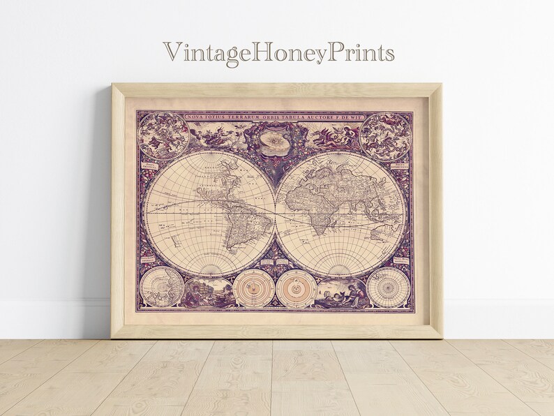 Vintage Map World Poster. DIGITAL DOWNLOAD. Ancient Printable Wall Art ...