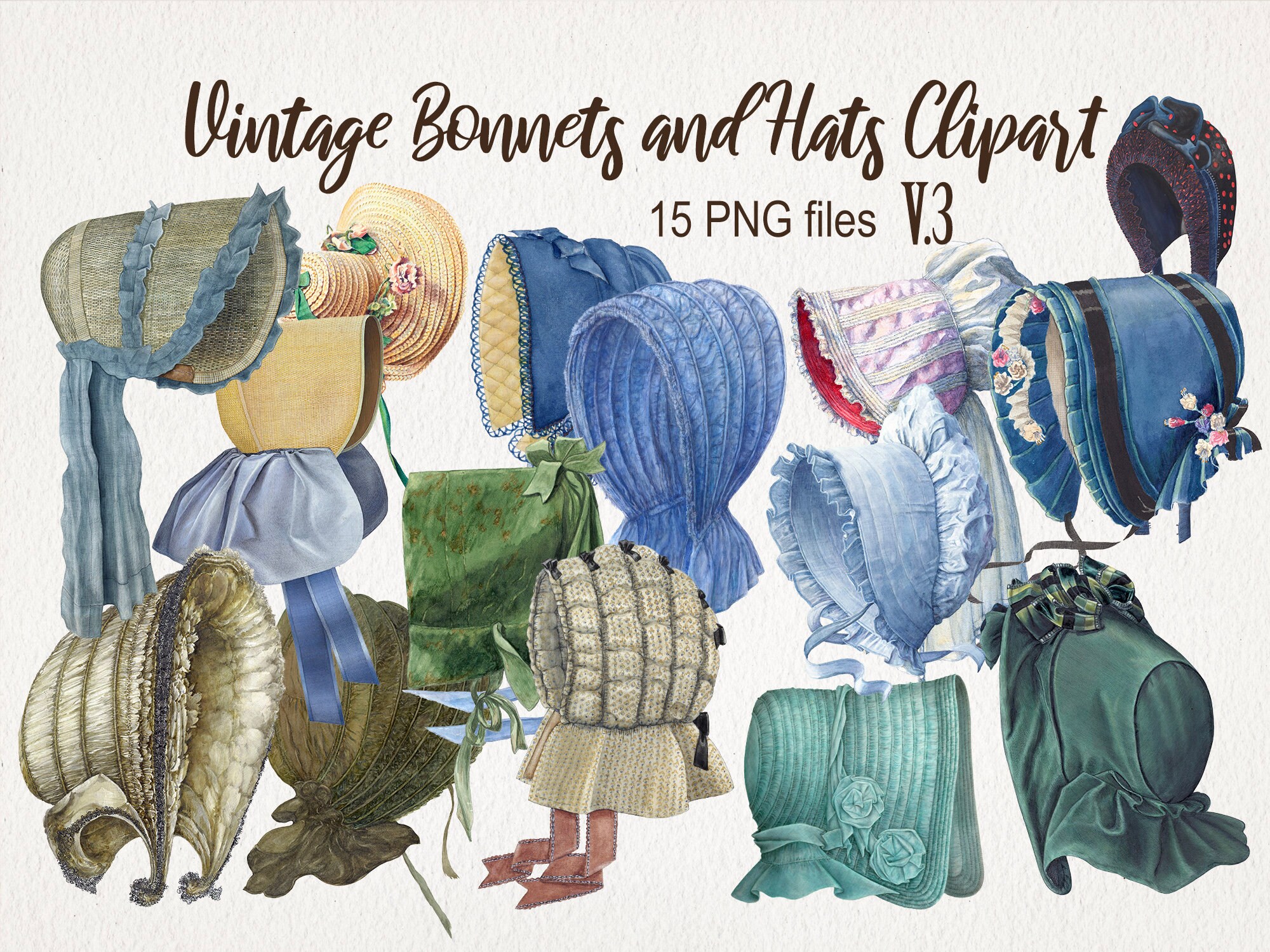 Vintage Bonnets and Hats Clipart. DIGITAL DOWNLOAD. Antique Fashion ...