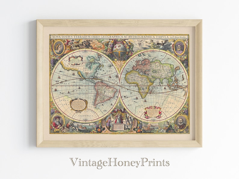 Vintage Map World Poster. DIGITAL DOWNLOAD. Ancient Printable Wall Art ...