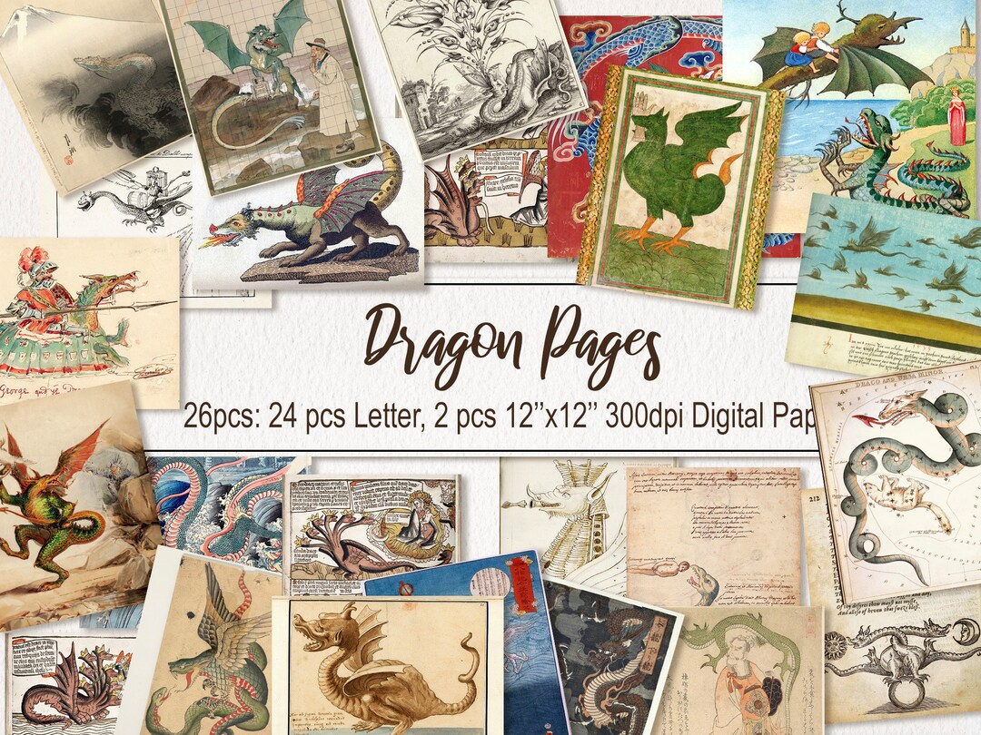 Dragon Paper Pages. DIGITAL DOWNLOAD. Commercial Use. Vintage Antique ...