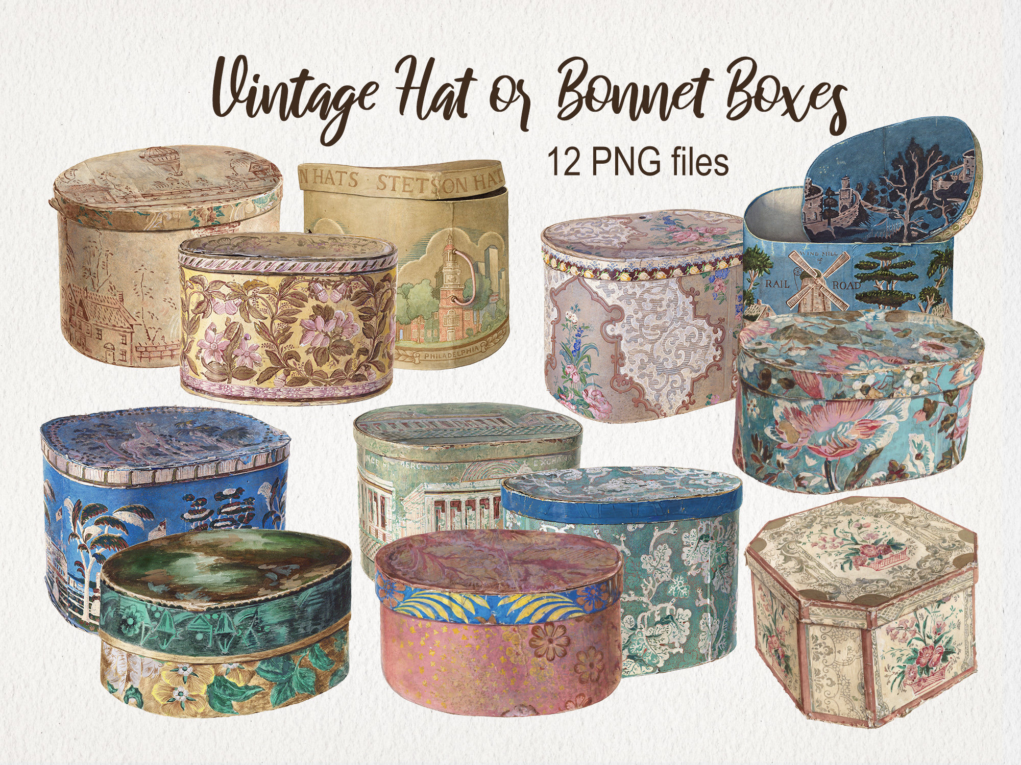 Vintage Hat Bonnet Box Clipart. DIGITAL DOWNLOAD. Antique Watercolor ...