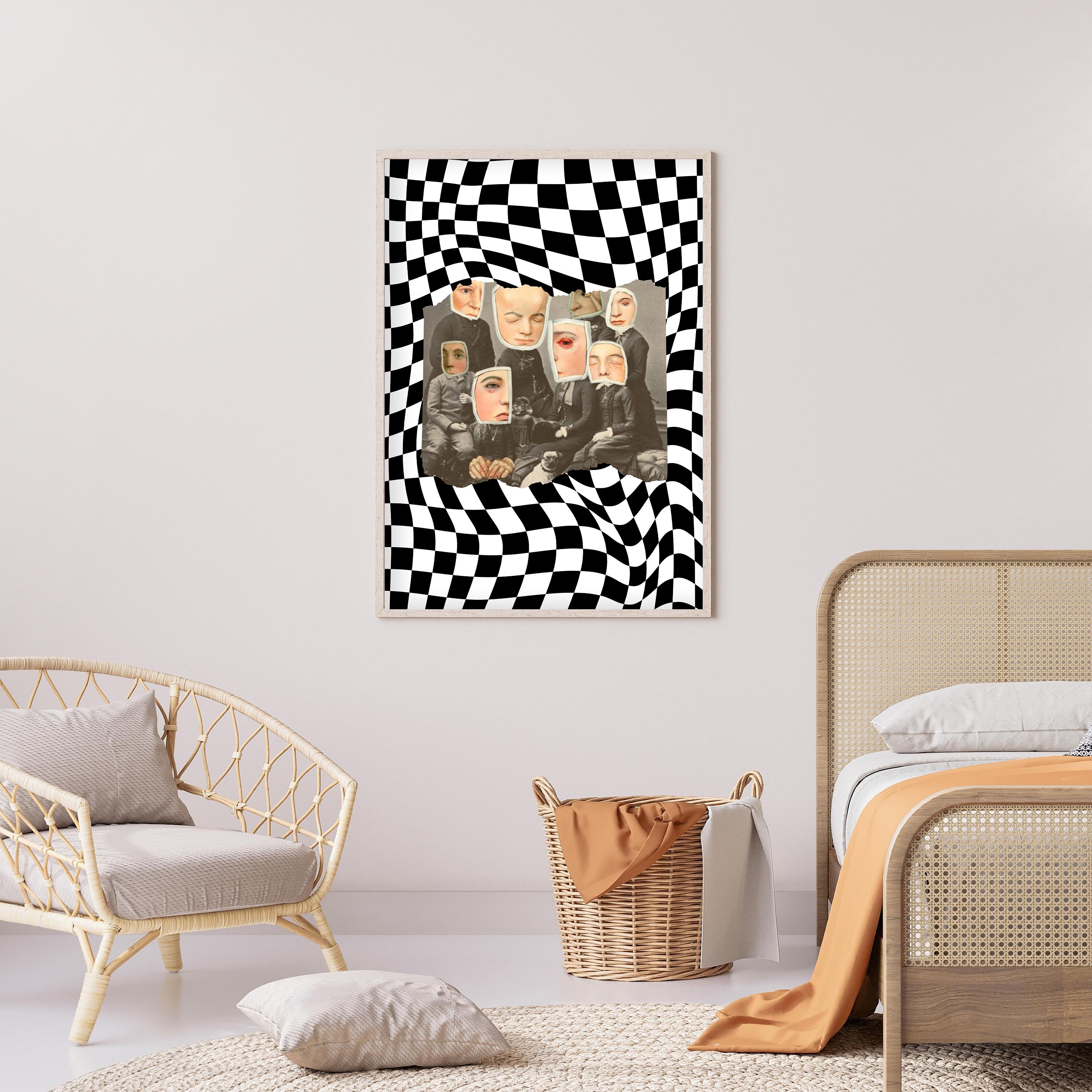 Retro Checkered Printable Poster, Funky Wavy Print, Black and White ...