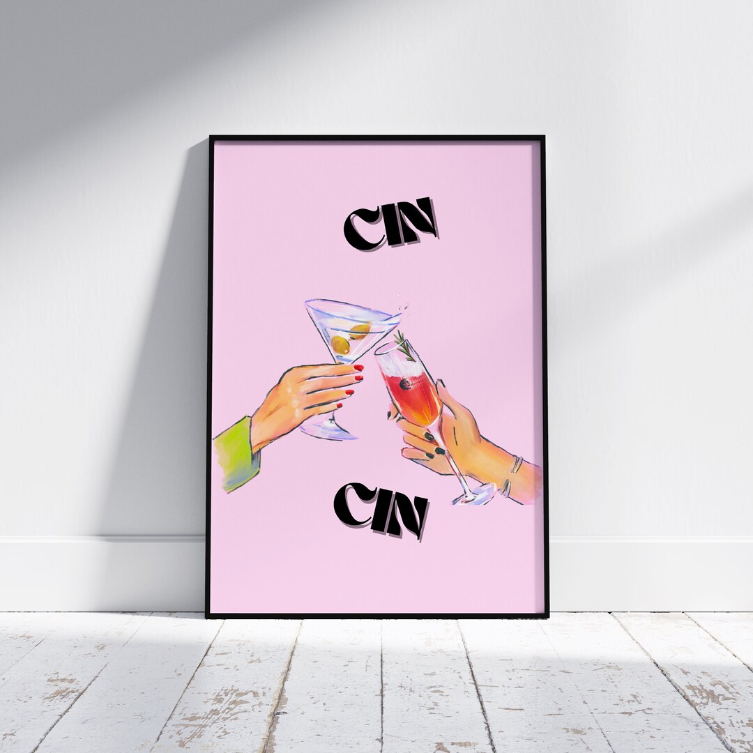 Trendy Cin Cin Poster, Cheers Cocktail Print, Wine Glasses, Retro ...
