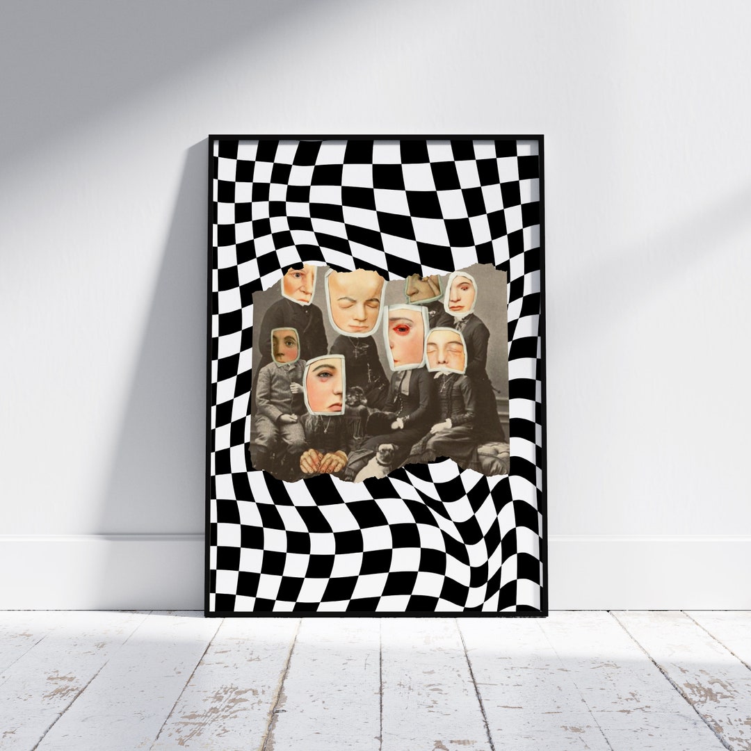 Retro Checkered Printable Poster, Funky Wavy Print, Black and White ...