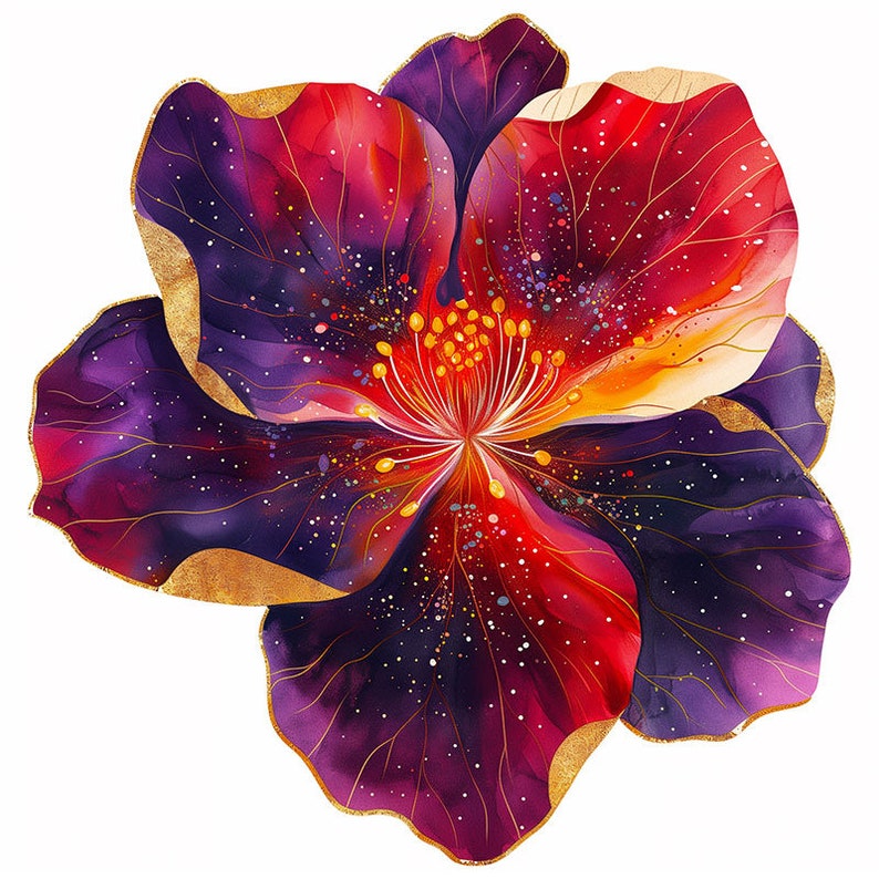 25 Magic Vibrant Red, Purple, and Gold Flower With Gold Gel Pen Accents ...