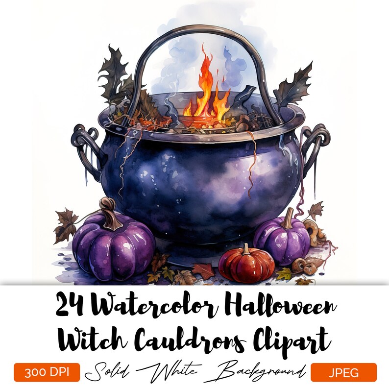 24 Watercolor Witch Cauldrons Clipart JPEG Images Solid White ...