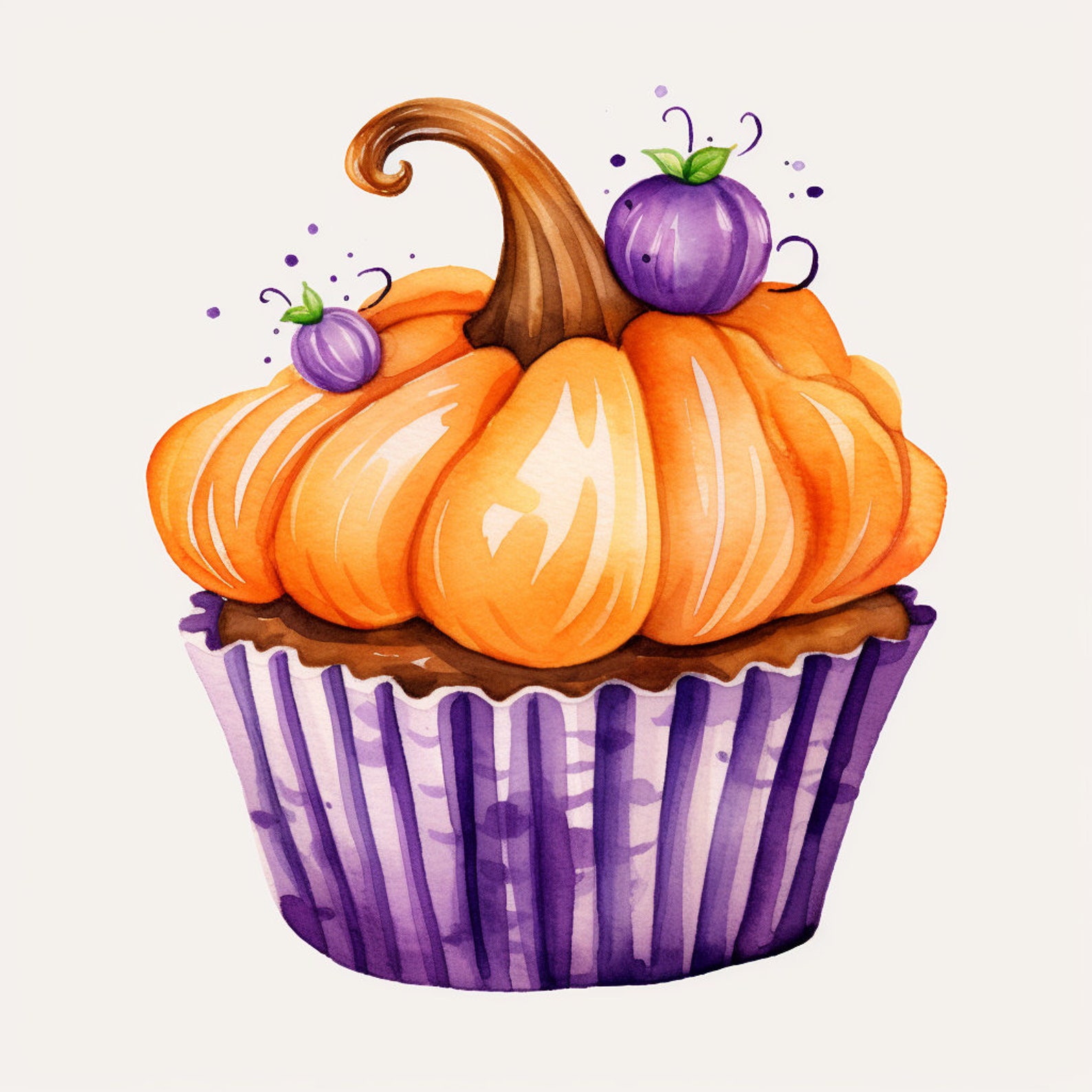24 Watercolor Halloween Themed Cupcakes Clipart JPEG Images Solid White ...