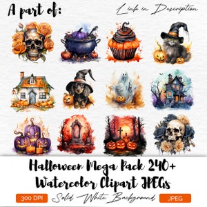 24 Watercolor Halloween Themed Cupcakes Clipart JPEG Images Solid White ...