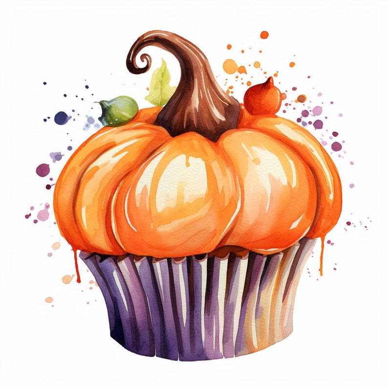 24 Watercolor Halloween Themed Cupcakes Clipart JPEG Images Solid White ...