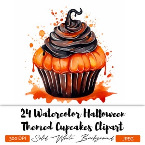 24 Watercolor Halloween Themed Cupcakes Clipart JPEG Images Solid White ...