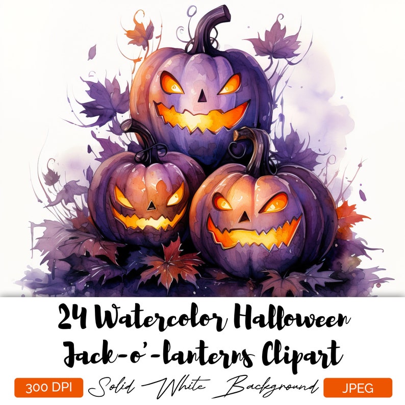 24 Watercolor Jack-o'lanterns Clipart JPEG Images Solid - Etsy