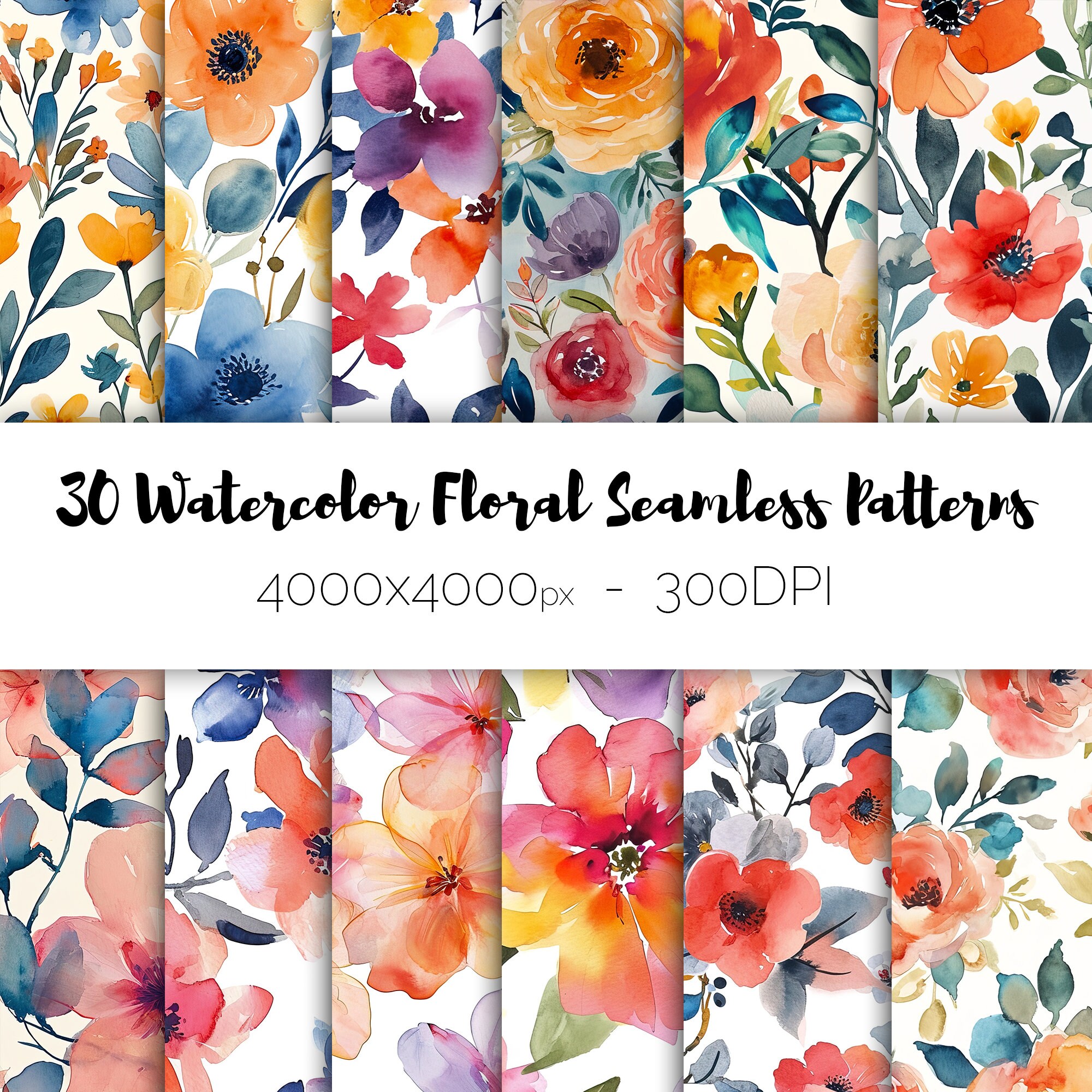 Floral Symphony: 30 Seamless Watercolor Patterns & Digital Paper for ...