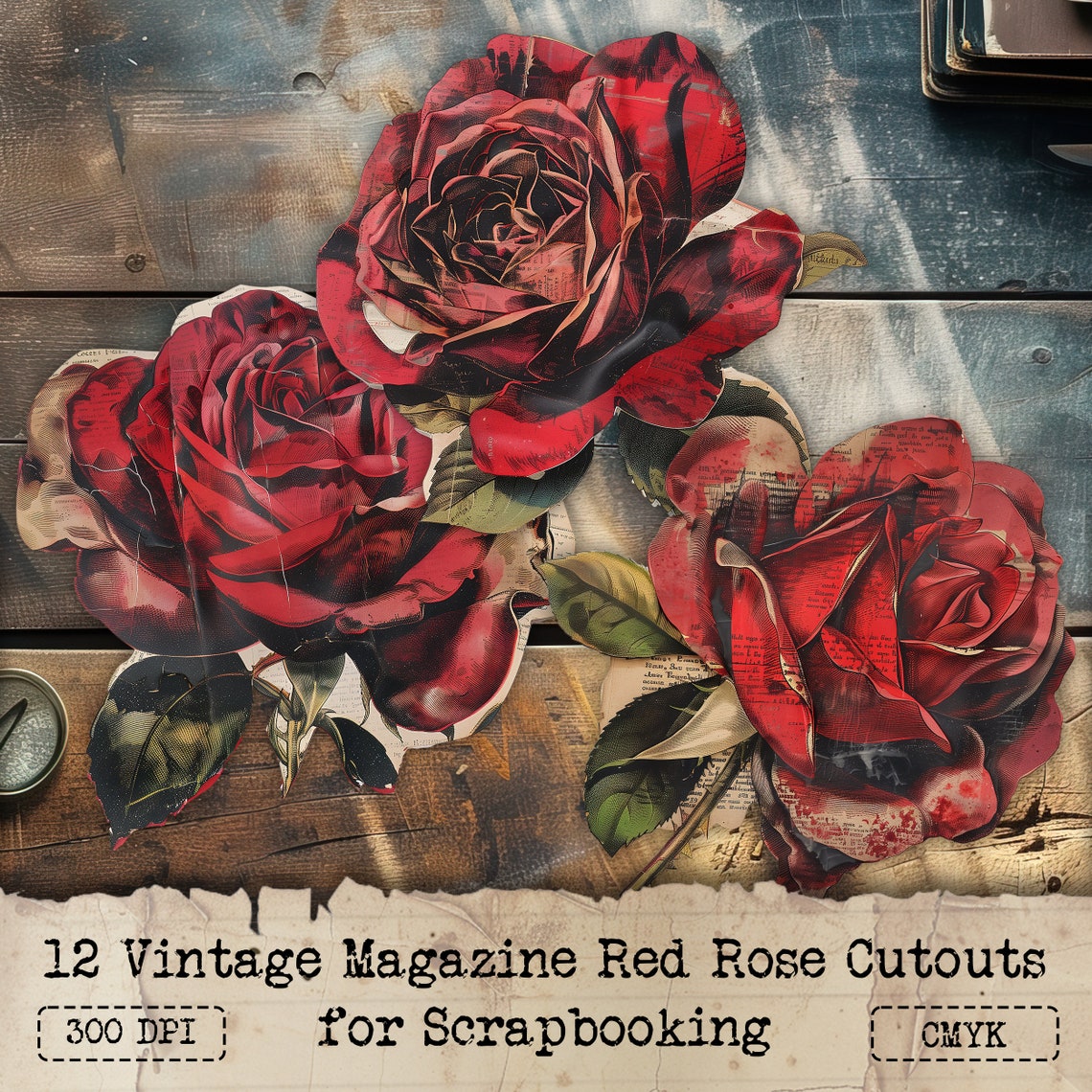 12 Vintage Red Rose Magazine Cutouts Printable Shabby Papers Scrapbook ...