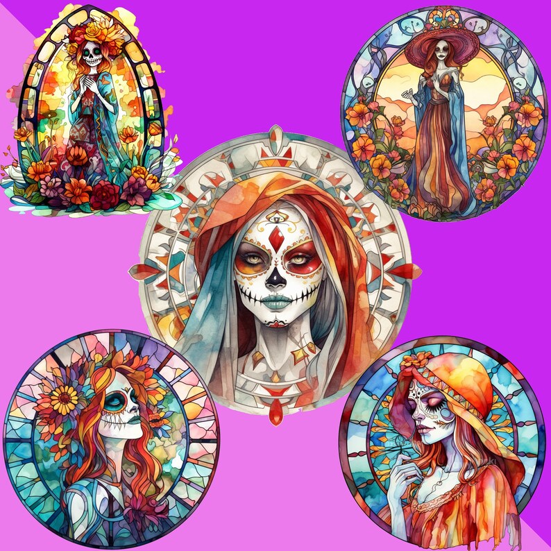 La Calavera Catrina Watercolor Stained Glass Floral Clip Art Digital ...
